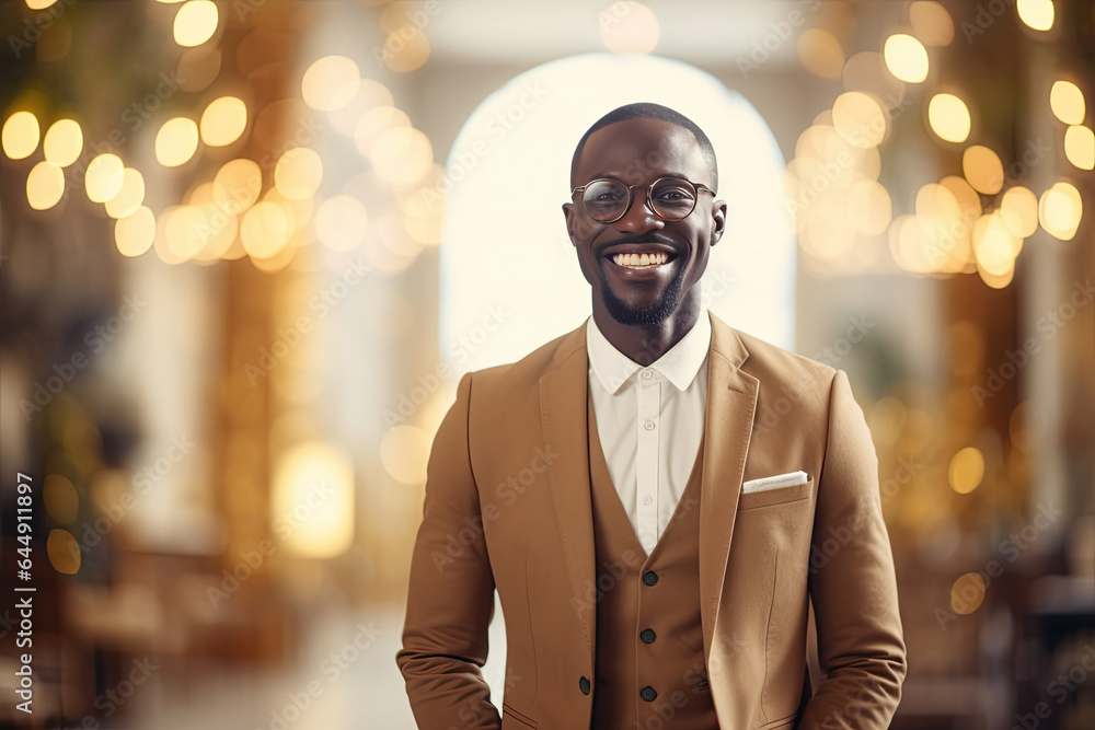 Handsome smiling afro man with a neatly trimmed mustache and beard ...