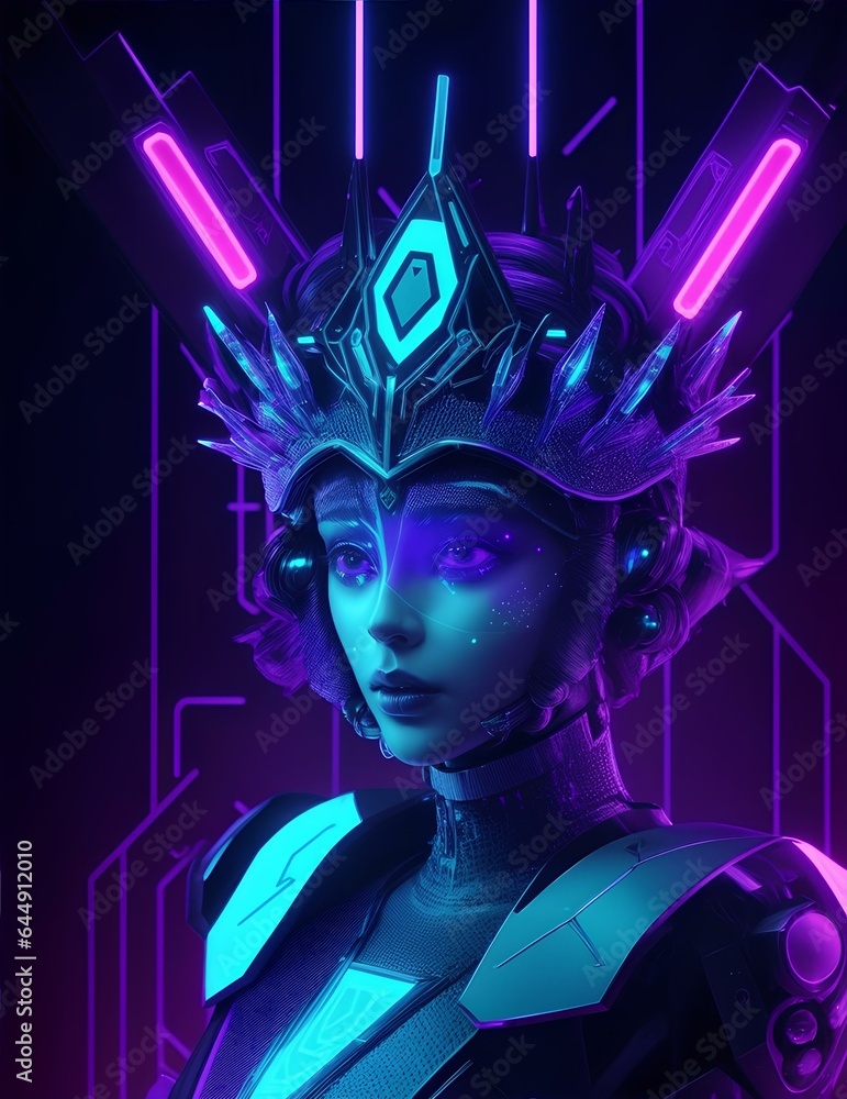 Futuristic AI ruler, holographic crown, digital aura, cyberpunk ...