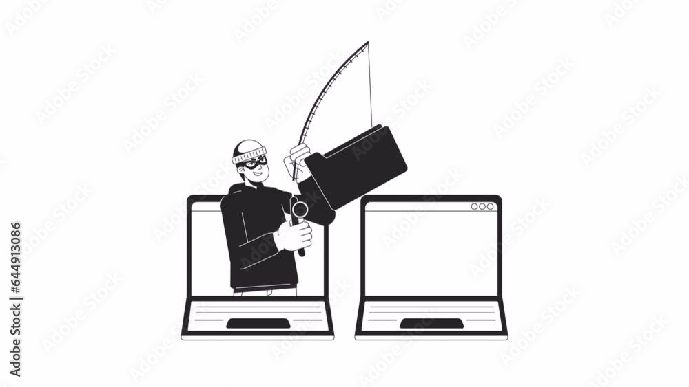 Phishing scam bw outline 2D animation. Wire fraud with fishing rod ...