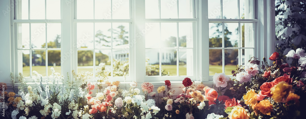 Beautiful various colorful with vintage big window in morning garden ...