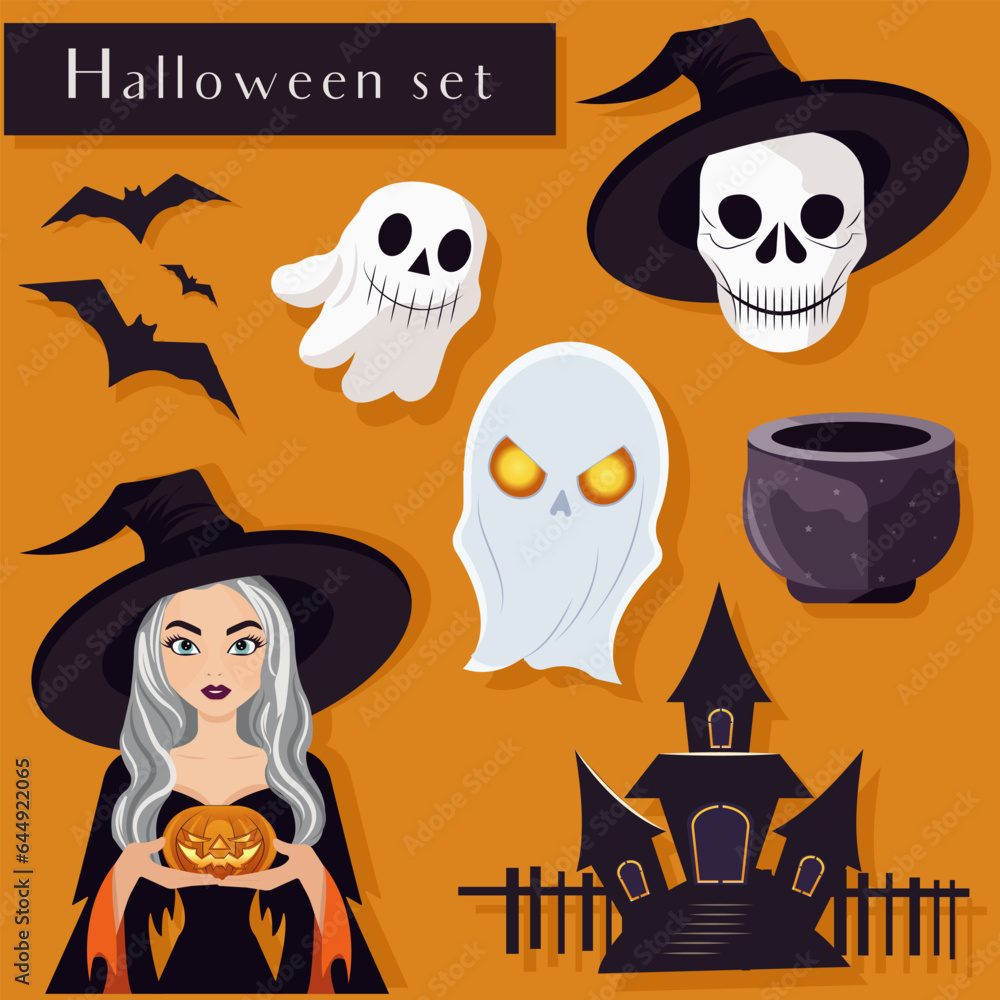Vector set of halloween elements in flat cartoon style - witch with ...