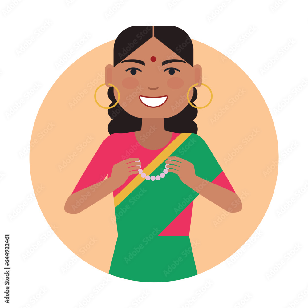 Indian girl in traditional clothes and jewelry. Multicolored flat ...
