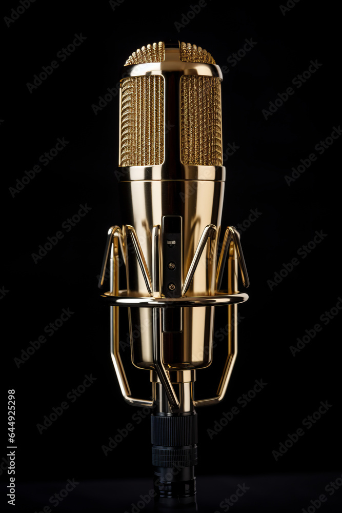 golden color microphone detail in music and sound recording studio ...