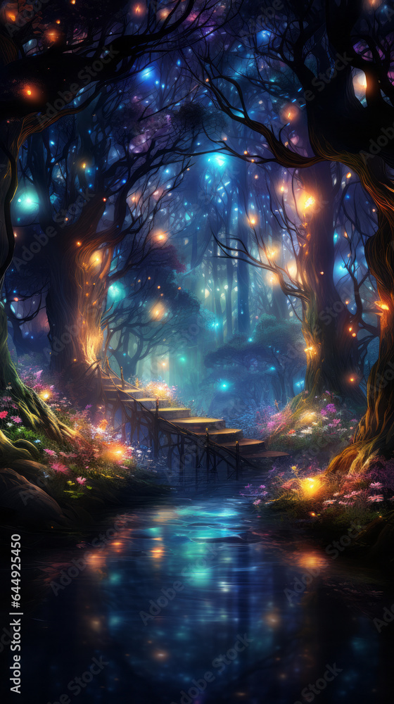 Enchanted Forest at night, a magical forest filled with illuminated ...