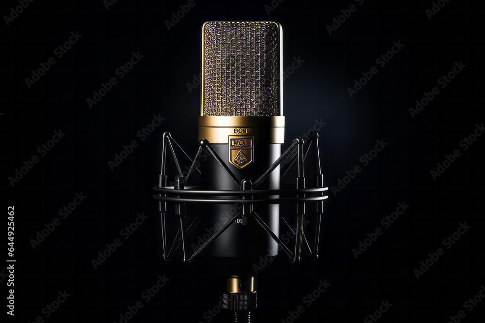 golden color microphone detail in music and sound recording studio ...