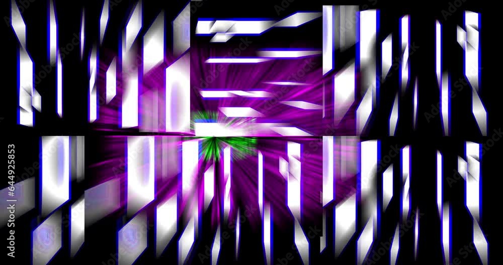 Glowing geometric shapes in purple, blue and white colors rotate on a ...