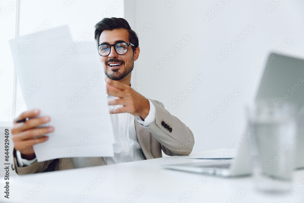 Paper office businessman planning happy document laptop suit holding ...