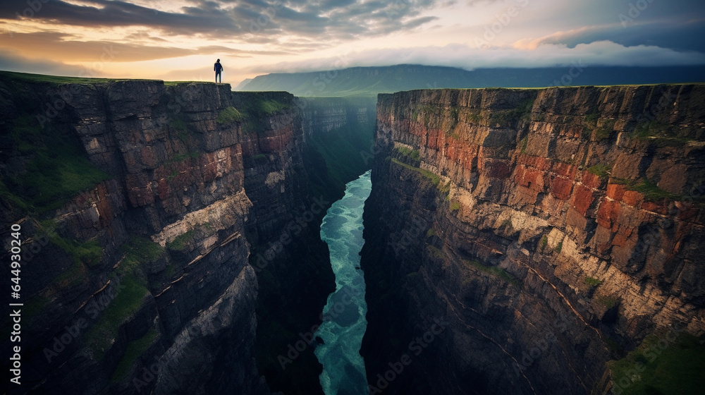 an awe-inspiring photo of a lone explorer standing on the edge of a ...