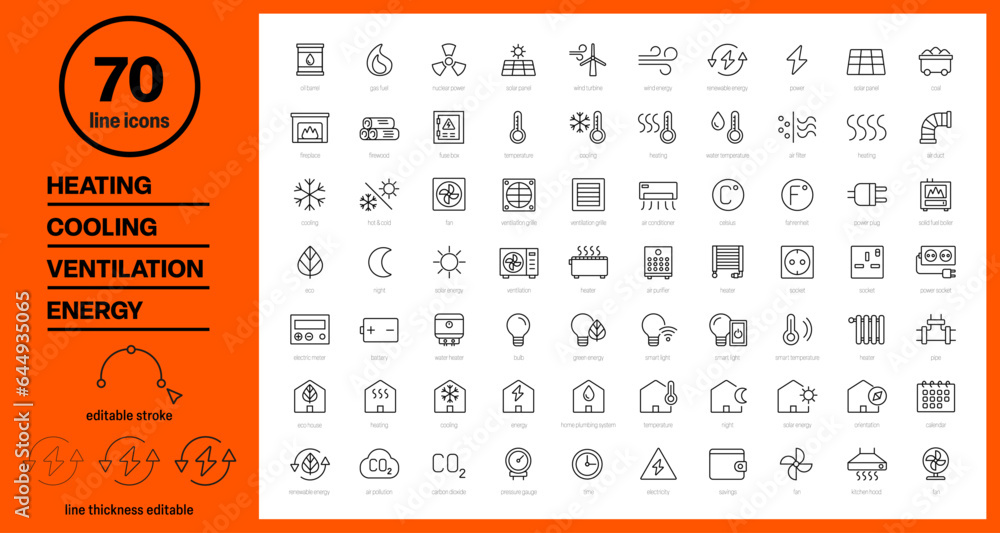heating icons, cooling icons, ventilation icons, energy icons, set of ...