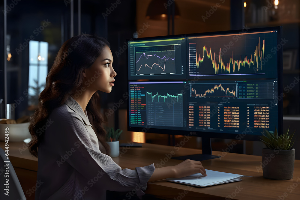 Realistic Work from Home A Young Analyst Woman Engaged in Her Work, Surrounded by Multiple ...