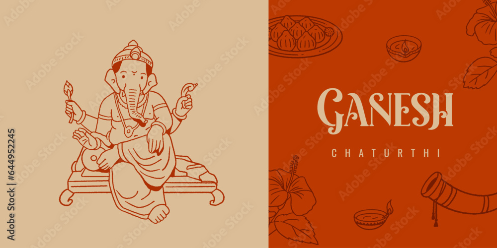 Ganesh Chaturthi Text with Ganesha hand-drawn vector illustration and ...