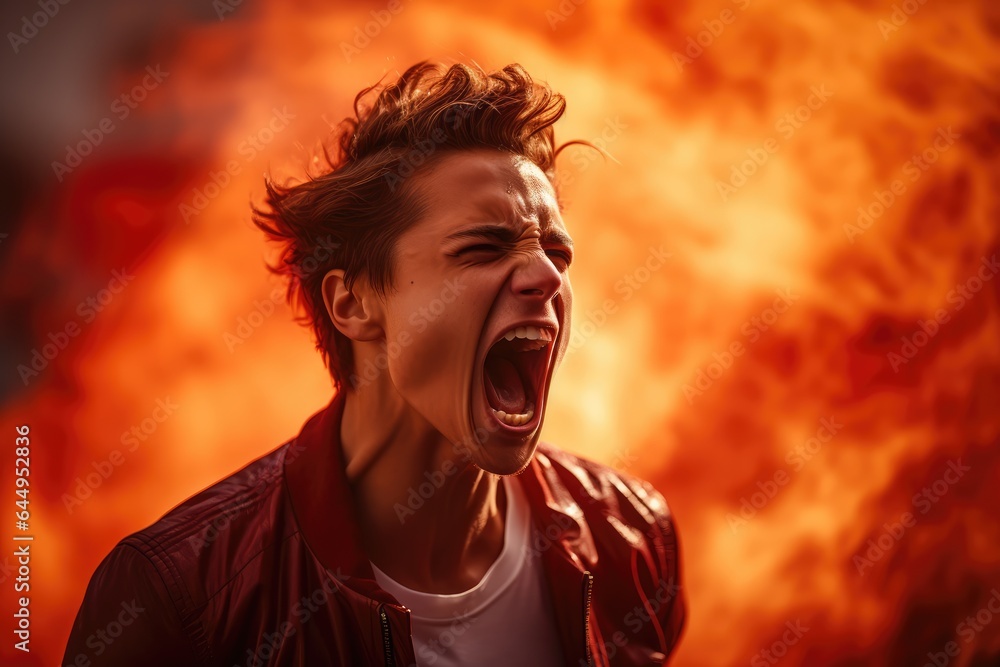 Teenager screaming in frustration against a fiery red background ...