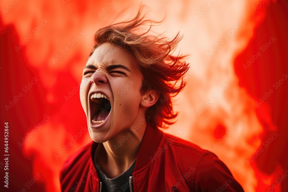 Teenager screaming in frustration against a fiery red background ...