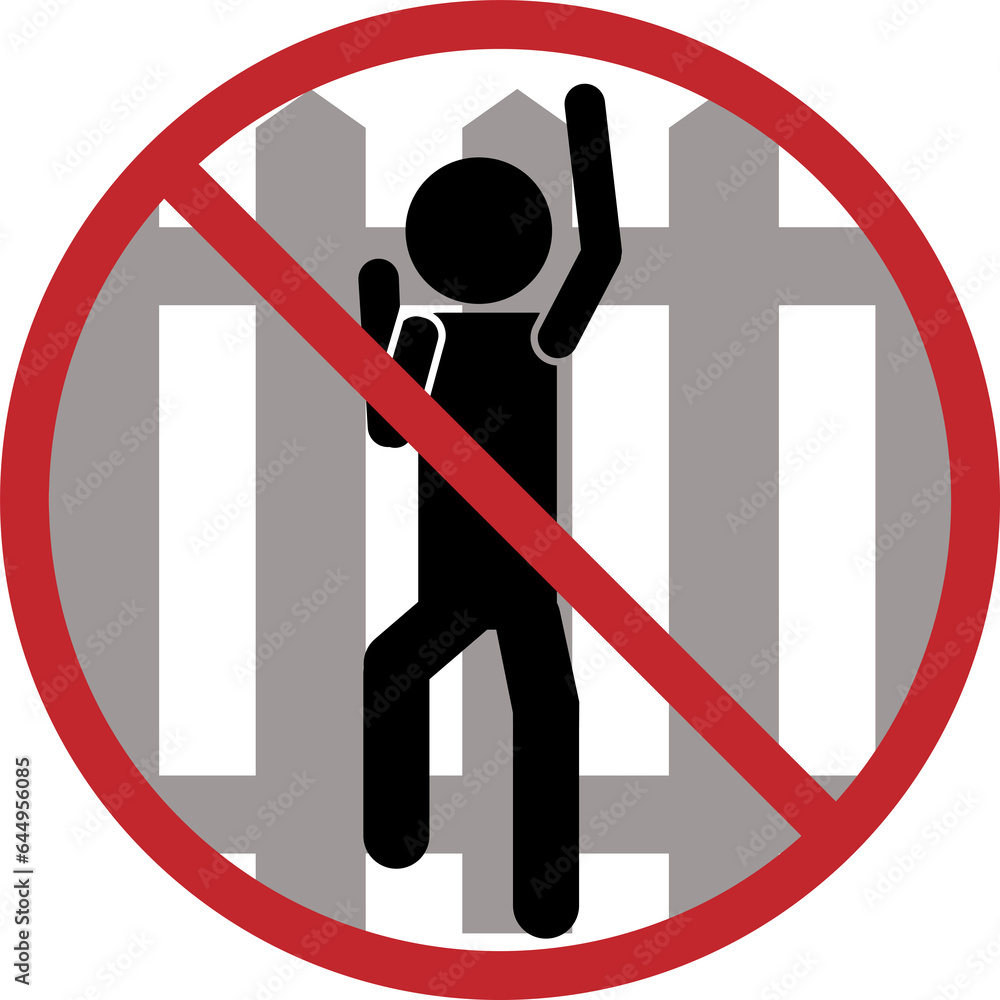 Isolated black pictogram label of do not climb gate or fence, with ...