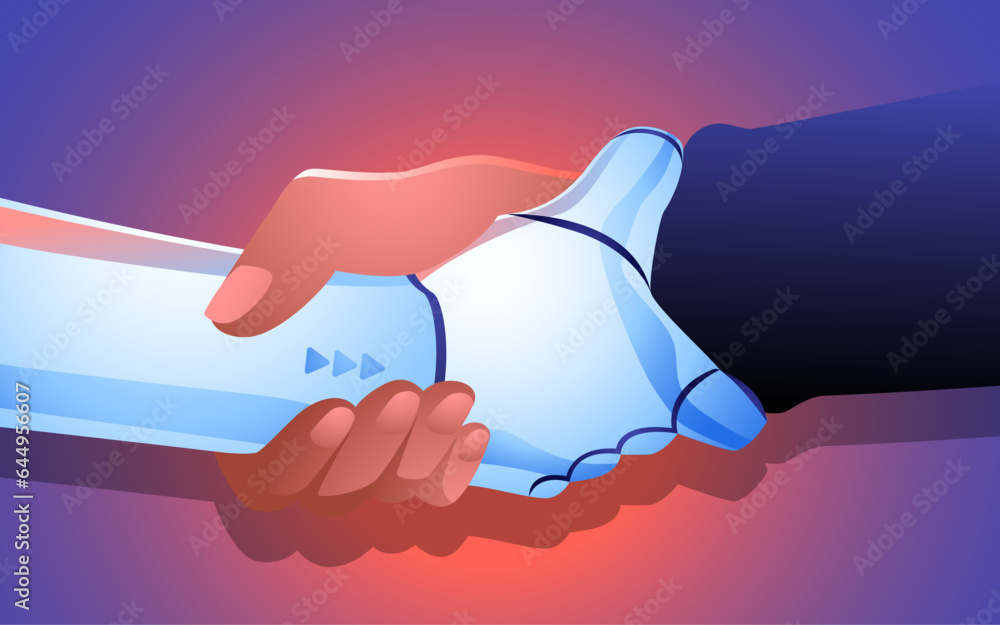 Strong connection between a human and robot, their hands grasping each ... Strong connection between a human and robot, their hands grasping each ...