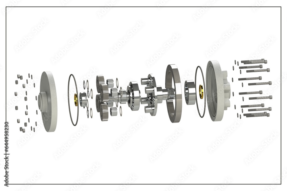 3D design of a planetary gear with exploded view. Stock Illustration ...