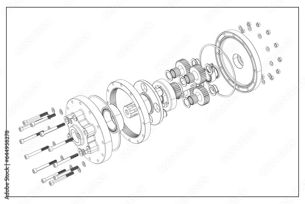 Poster 3D design of a planetary gear with exploded view. – Wall Art ...
