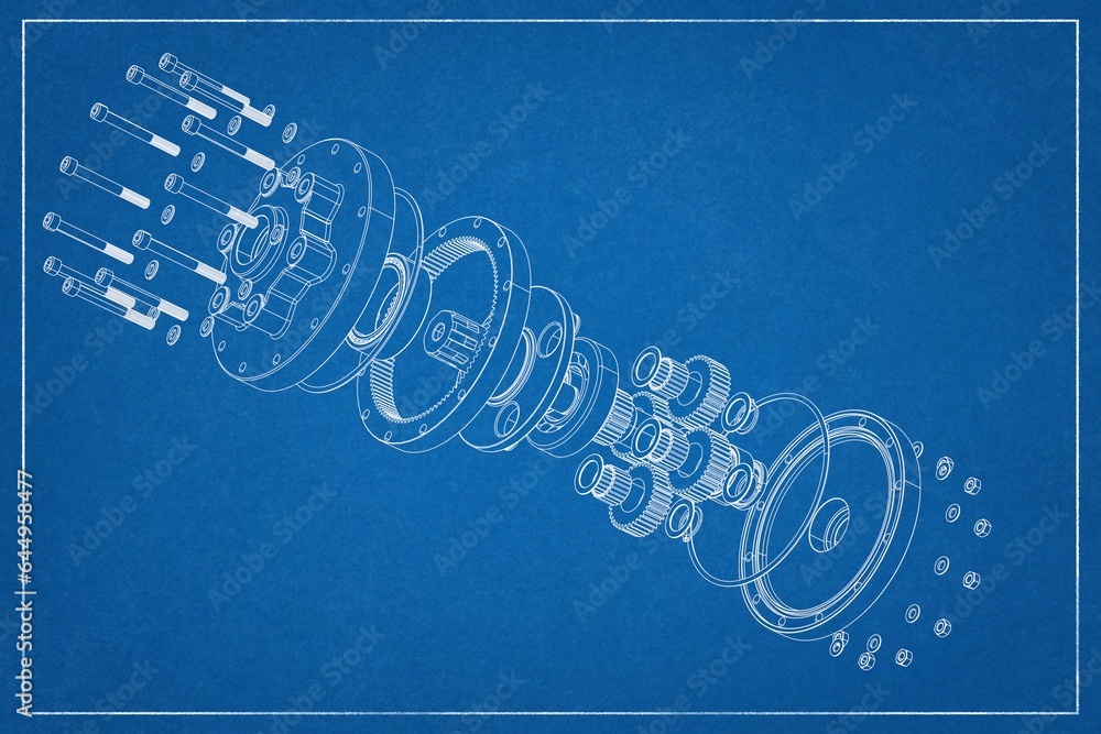 3D design of a planetary gear with exploded view. Stock Illustration ...