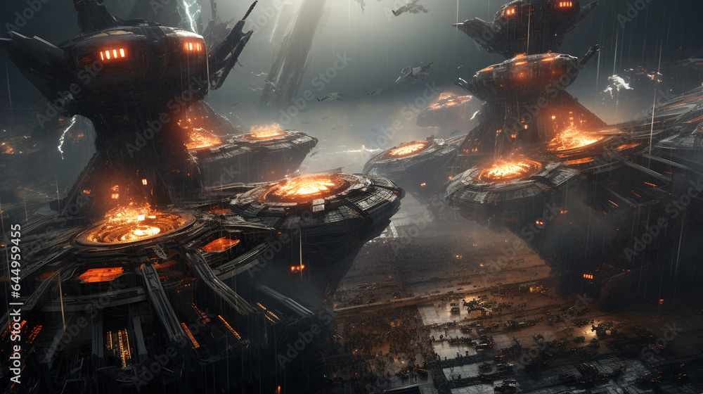Sci-fi scene of the creature machine invading city painting Stock ...