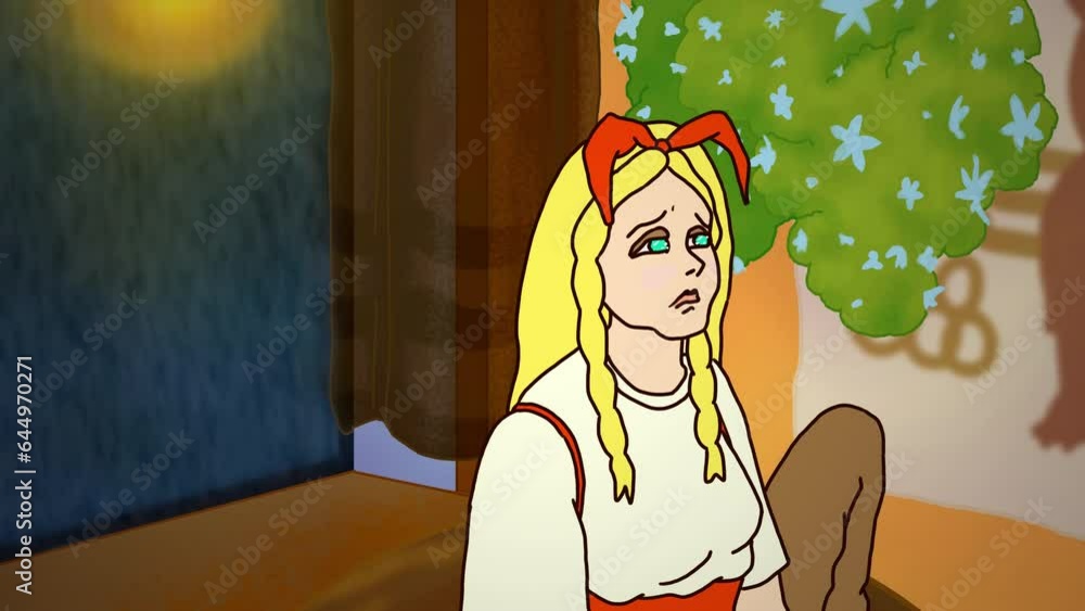 Cute hand drawn sad girl weeping as she is crying in the kitchen with ...