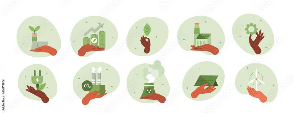 Climate change illustration set. Characters hands holding factory ...
