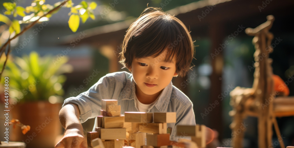 Young boy building a tall tower with wooden blocks. Stock Photo | Adobe ...