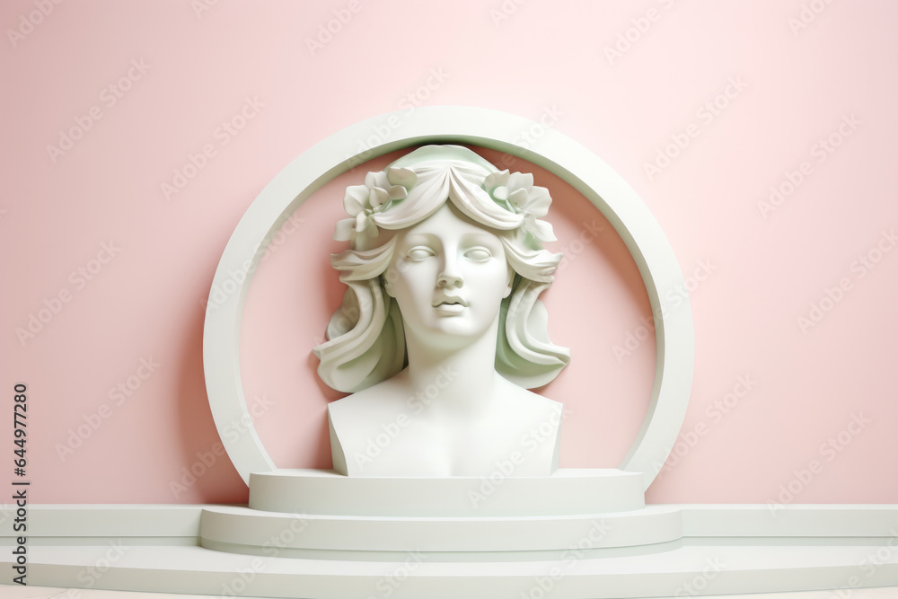 Bust of ancient Roman marble goddess on white gypsum stage podium on ...