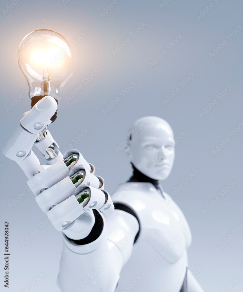 Robot holding an illuminated light bulb showing an AI idea concept 3d ...