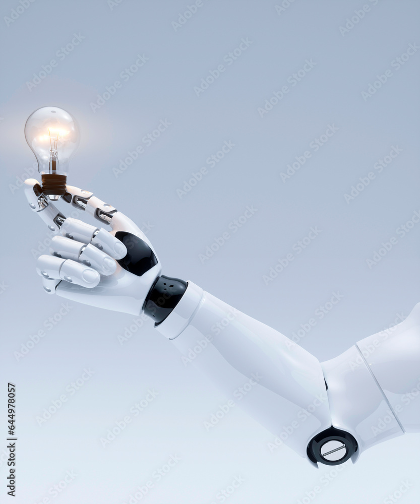 Robot holding an illuminated light bulb showing an AI idea concept 3d ...