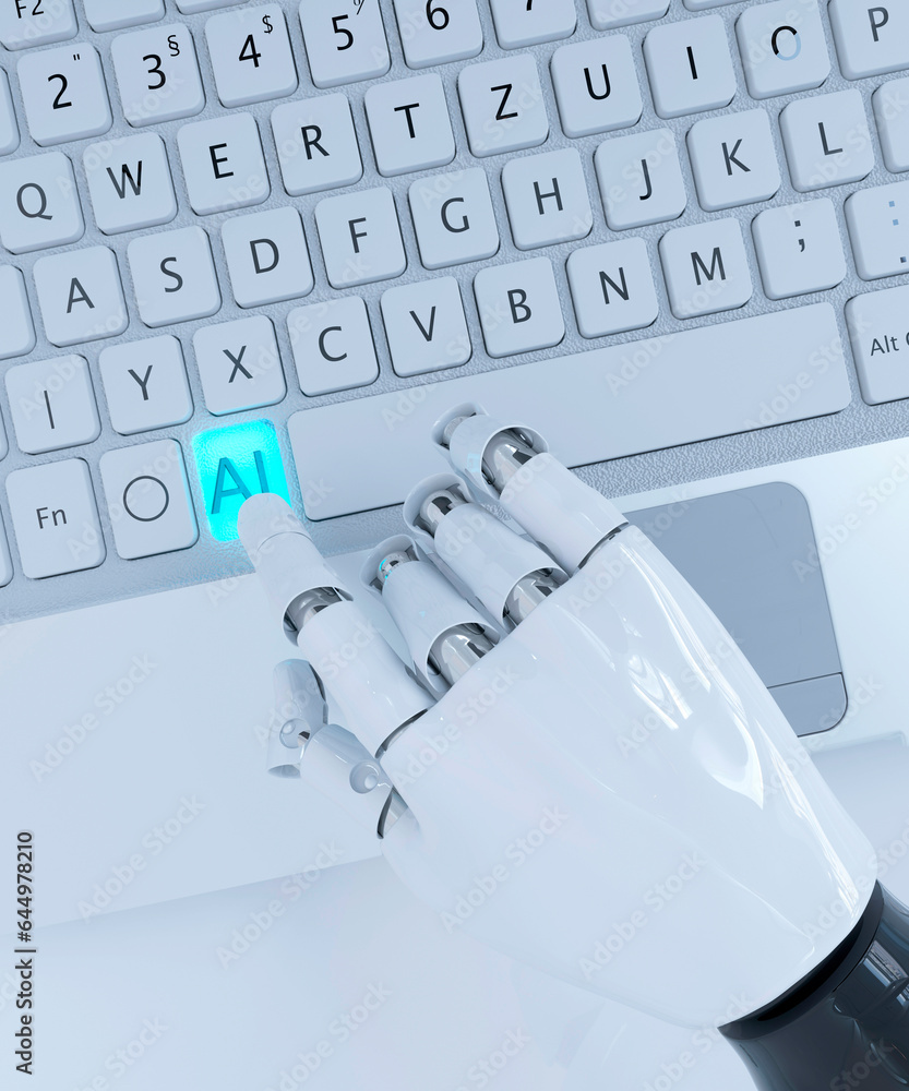 Robot typing on a computer using AI to pretend concept 3d render Stock ...