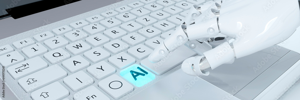 Robot typing on a computer using AI to pretend concept 3d render Stock ...