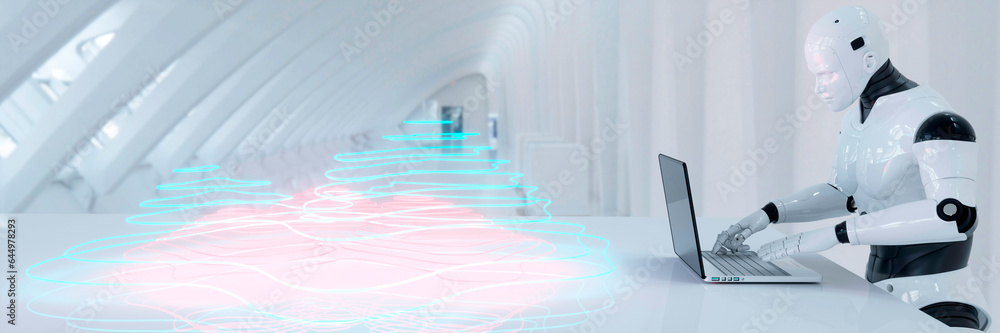 Futuristic robot using a computer to generate holographic maps and data ...