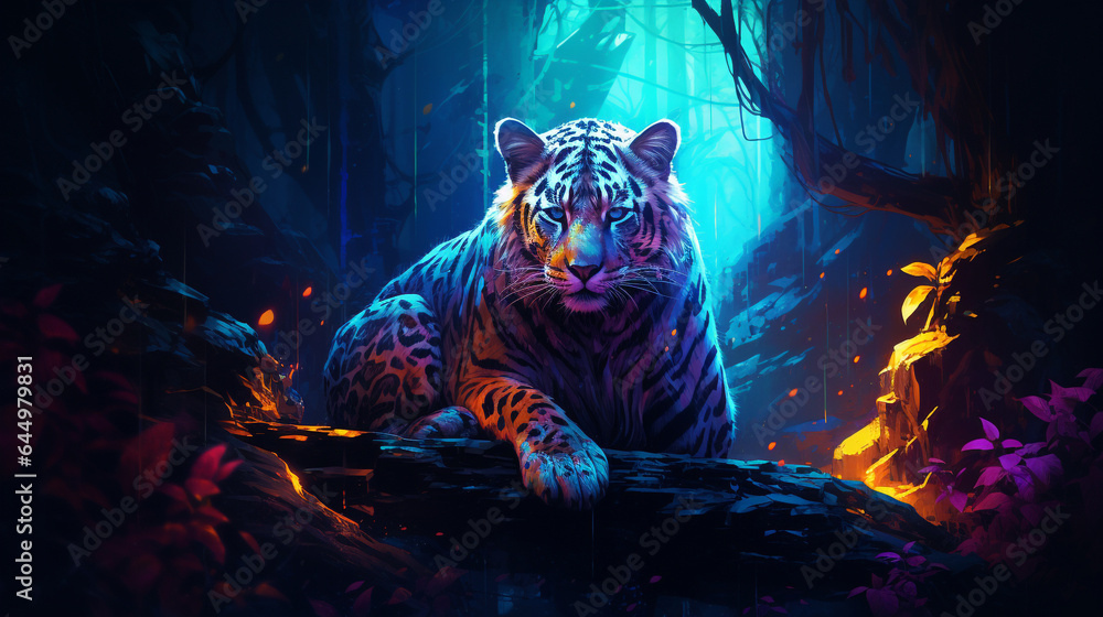 painting night animal neon hunter waiting for you on the dark side ...