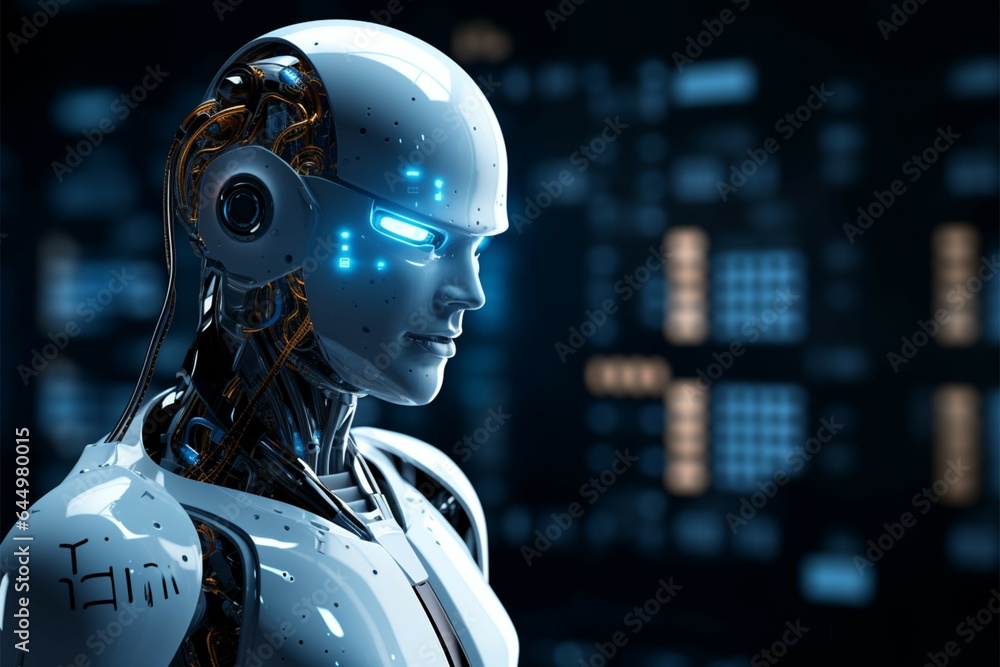 A robotic figure is portrayed with a dynamic HUD graphic display Stock ...
