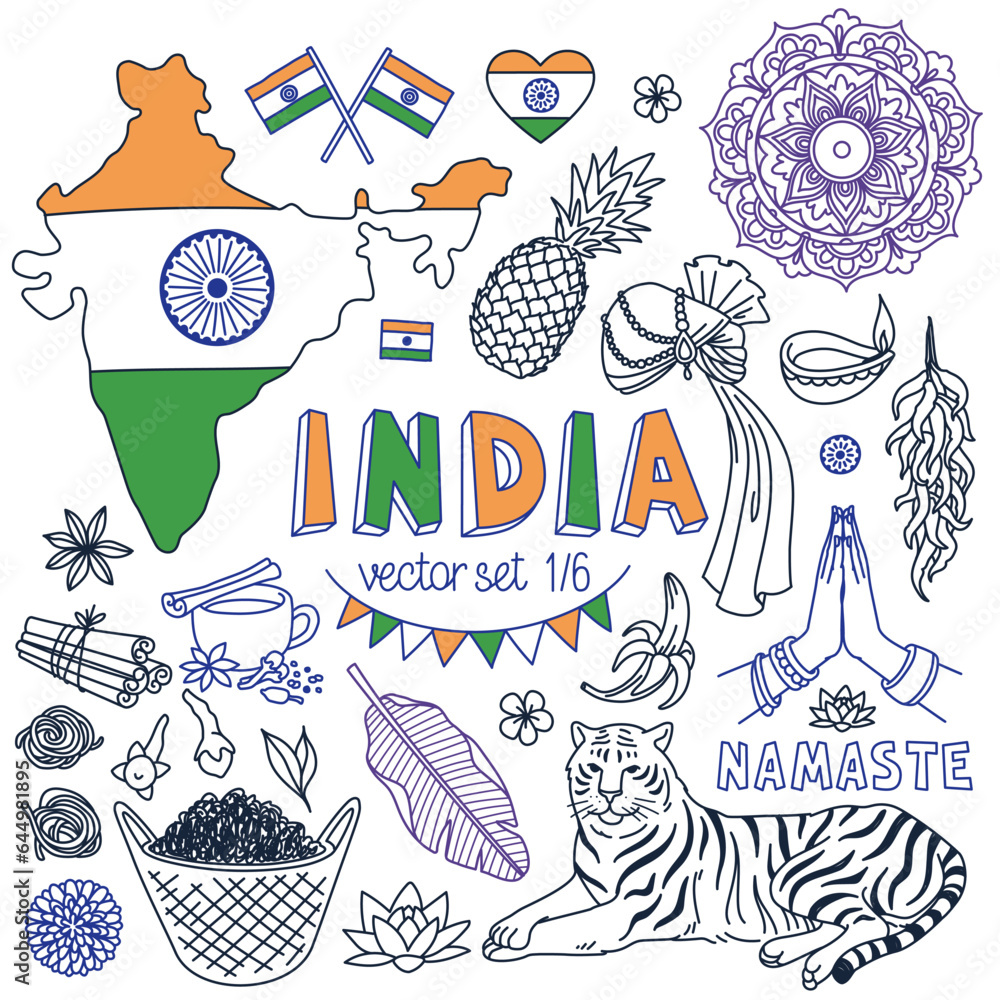 India doodle set. Traditional symbols of Indian culture and Buddhism ...
