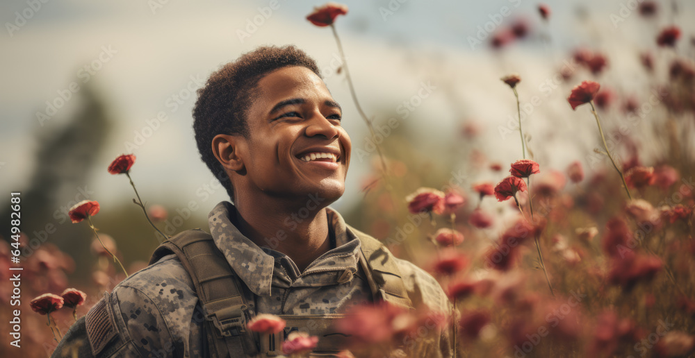 Veterans Day. A soldier smiling. Candid photo. On active duty. Patriot ...
