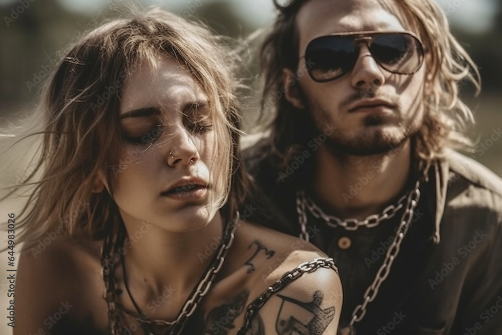 abstract, couple, man and woman with metal chains on his body ...