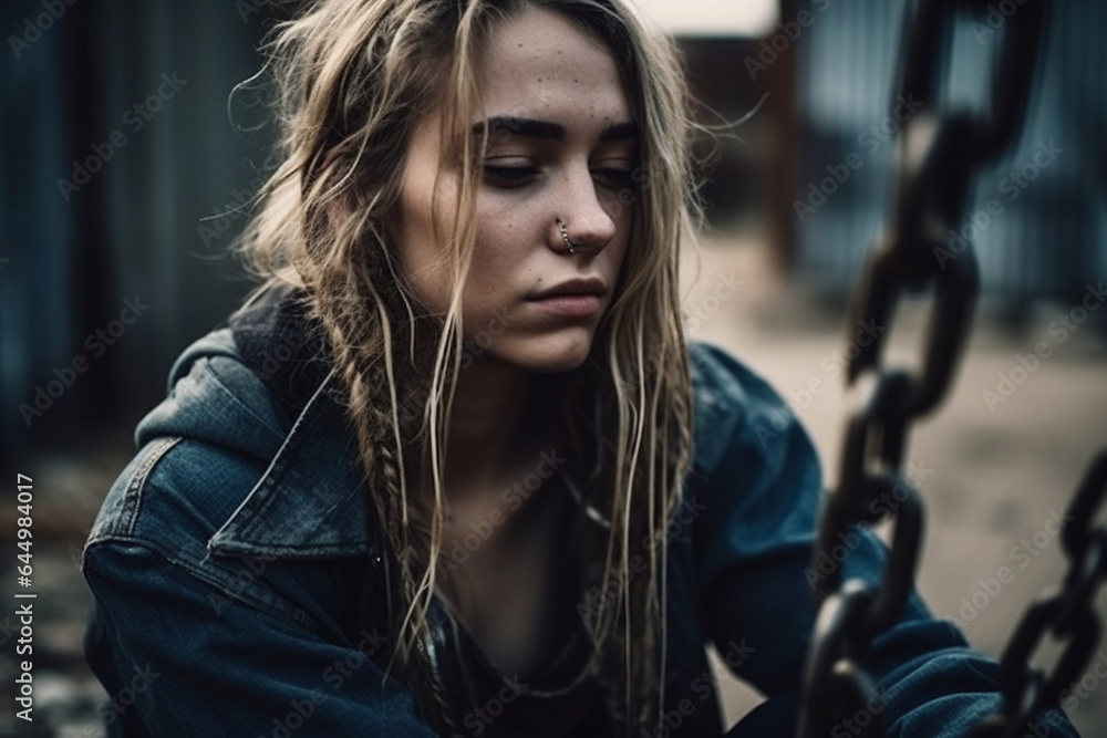 abstract, adult female, woman with metal chains on his body, captivity ...