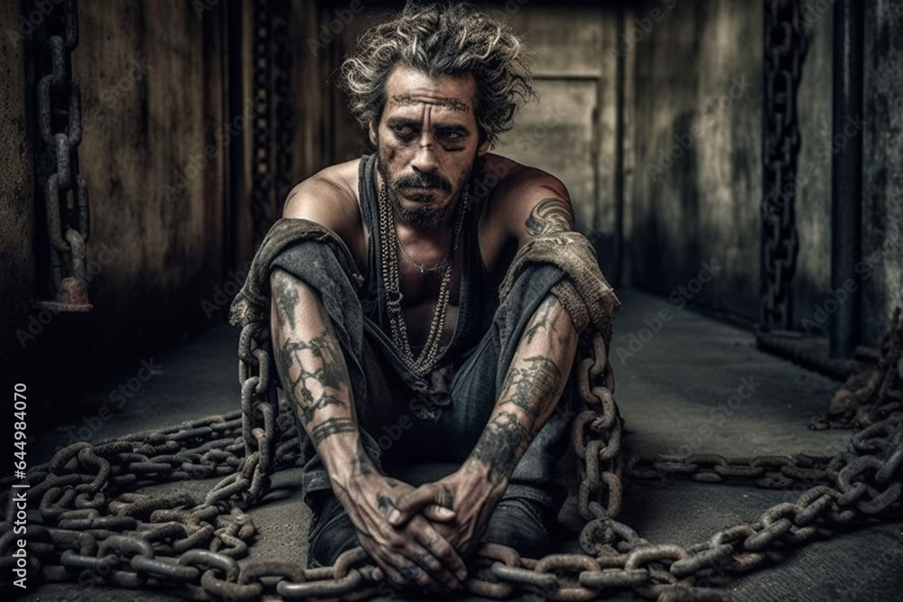 abstract, adult male, man with metal chains on his body, captivity of a prisoner, fictional ...