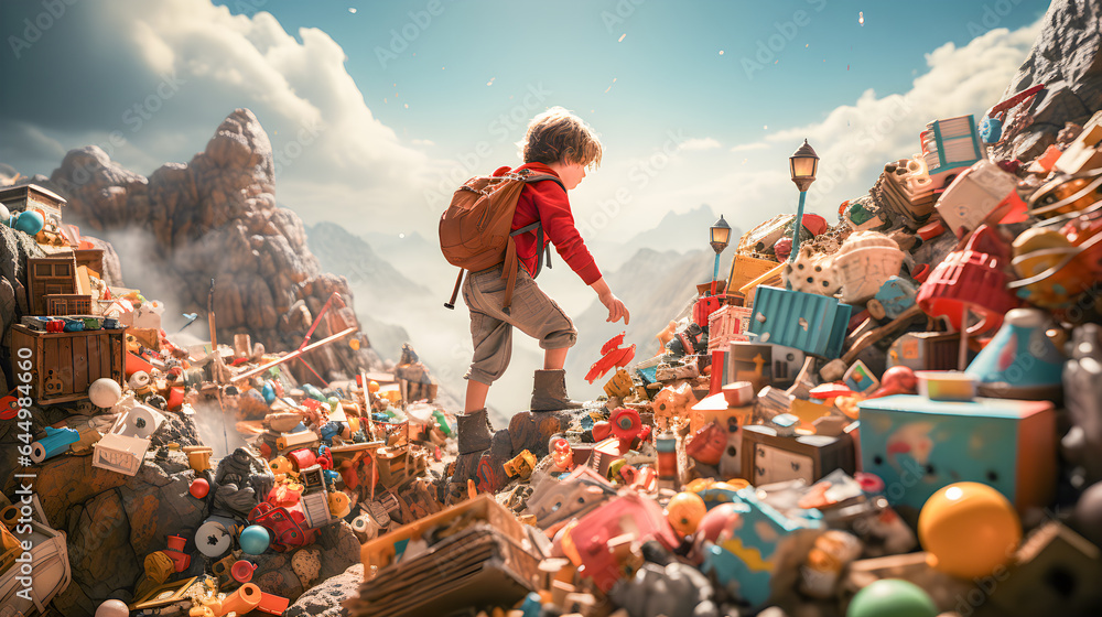 Child in a fantasy world climbing a mountain of toys fighting for his ...