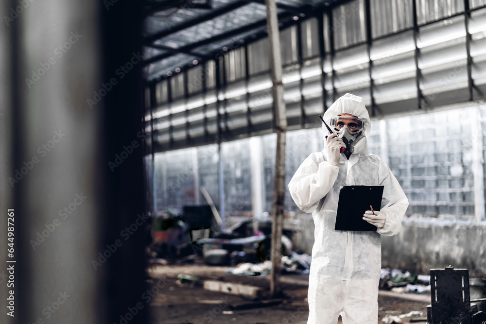 Scientist wear Chemical protection suit check danger chemical, working ...