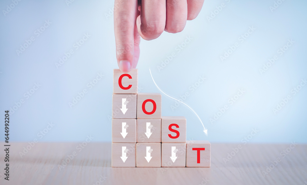 Wooden cube with the word cost and an arrow pointing down cost ...