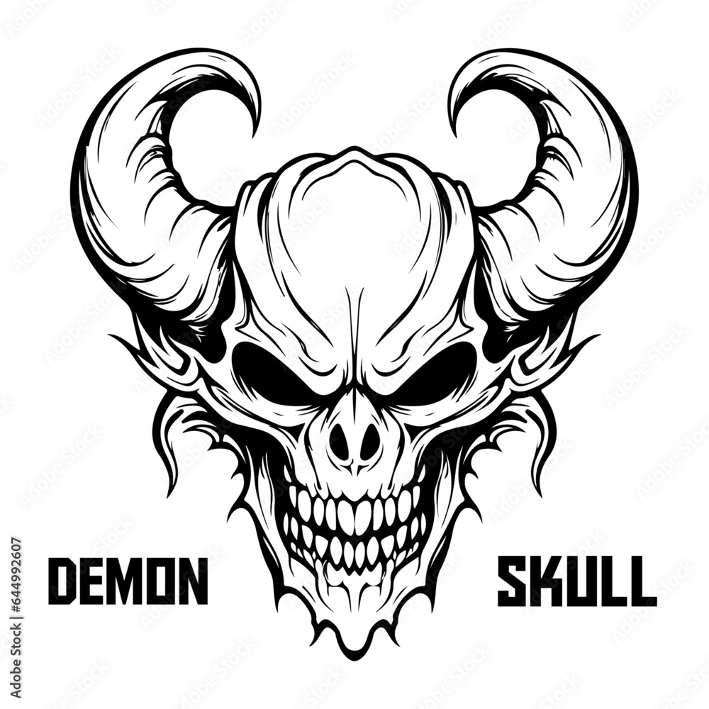 Monochrome vector illustration of a demon's skull. Skull with horns ...
