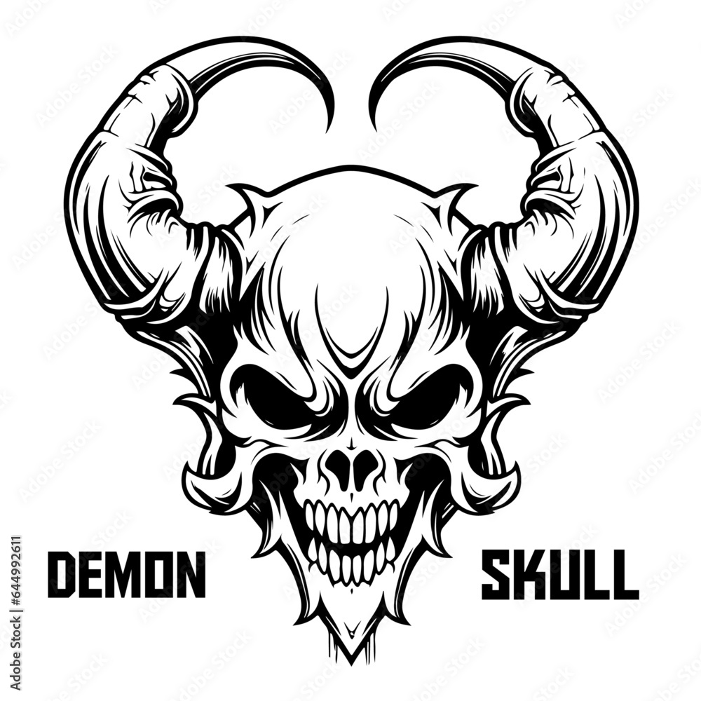 Monochrome demon skull depicted in vector illustration. Horned skull ...