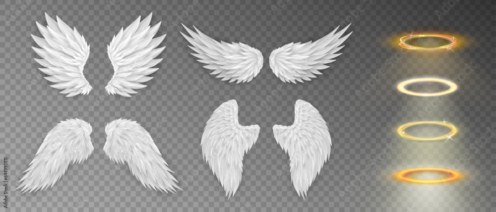 Collection of three dimensional angel white wings and shiny nimbus ...