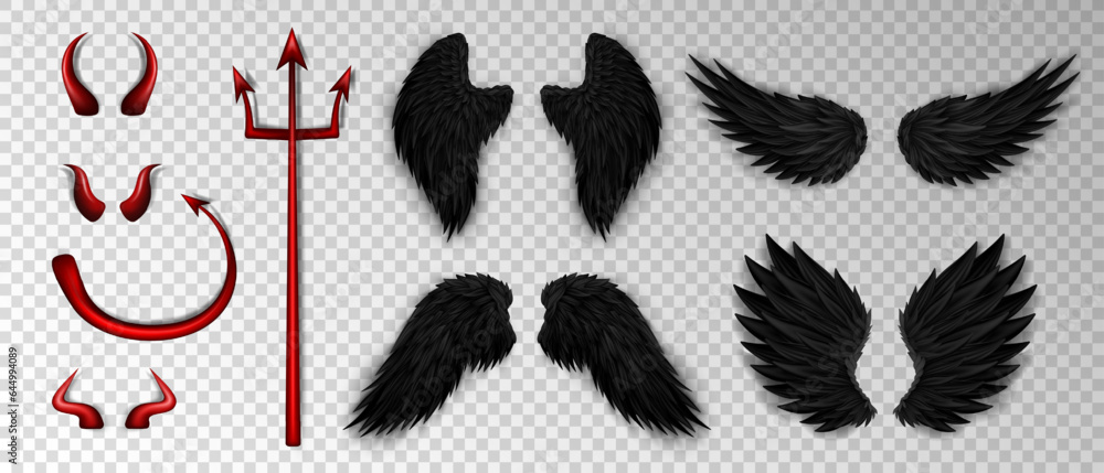 Collection of 3d realistic devil costume elements - red bloody trident ...