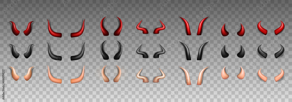 Big set of 21 devil horns. 3D red, beige and black glossy daemon horns ...