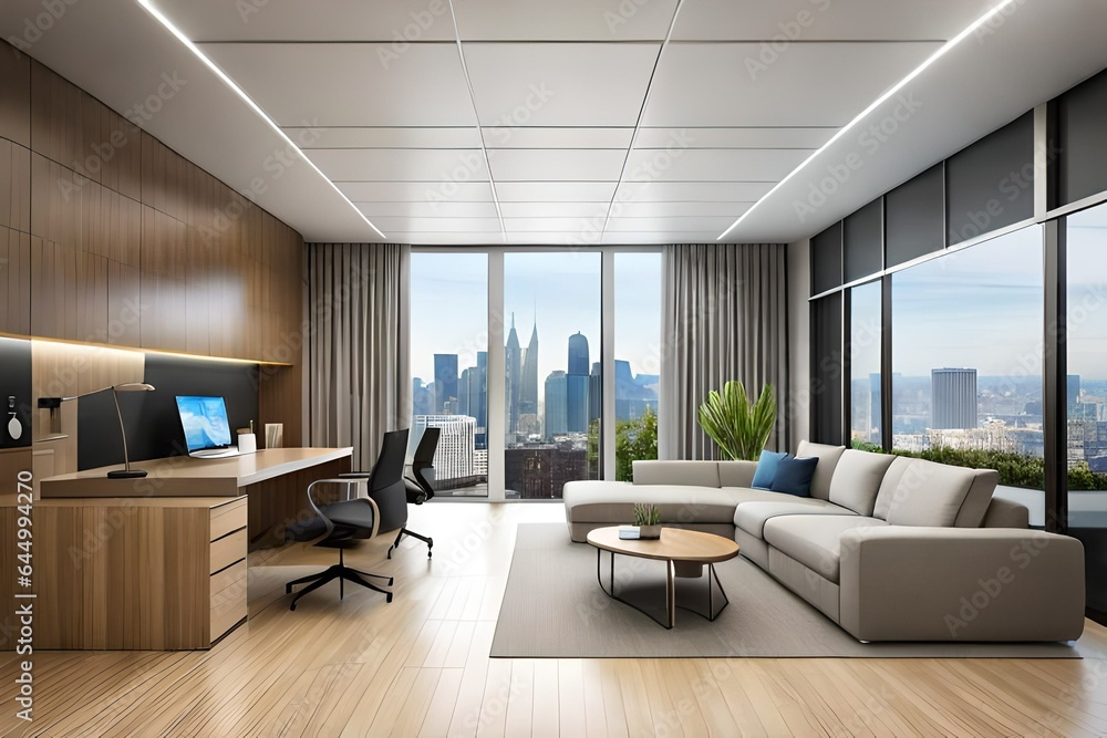 Modern open plan office interior with lobby. Window, ceiling, wooden ...