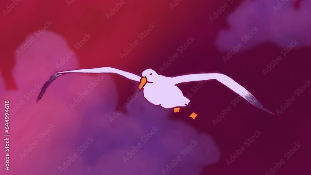 Funny hand drawn Albatross bird soaring in wind and flying above shiny ...