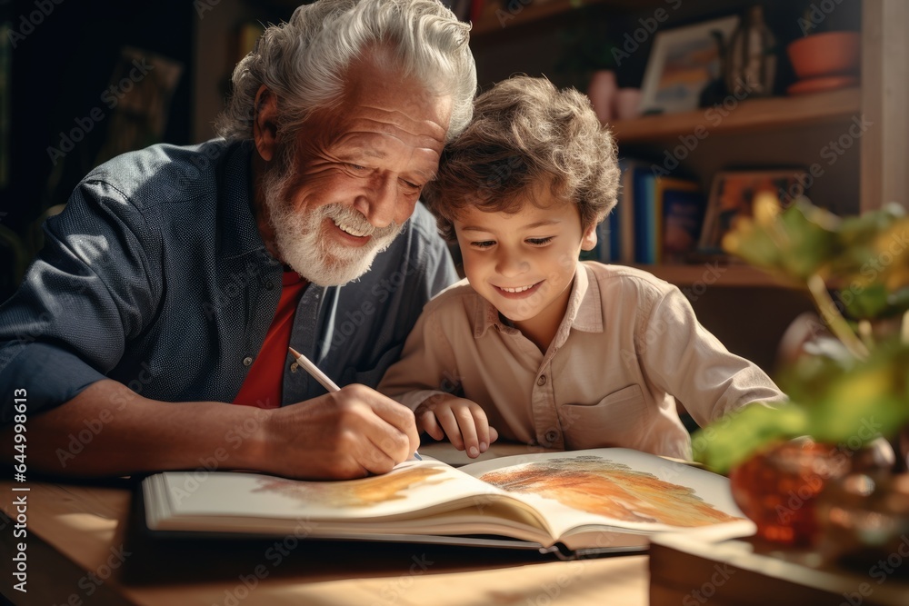 Grandfather tutoring his grandson at home. The child is patiently ...